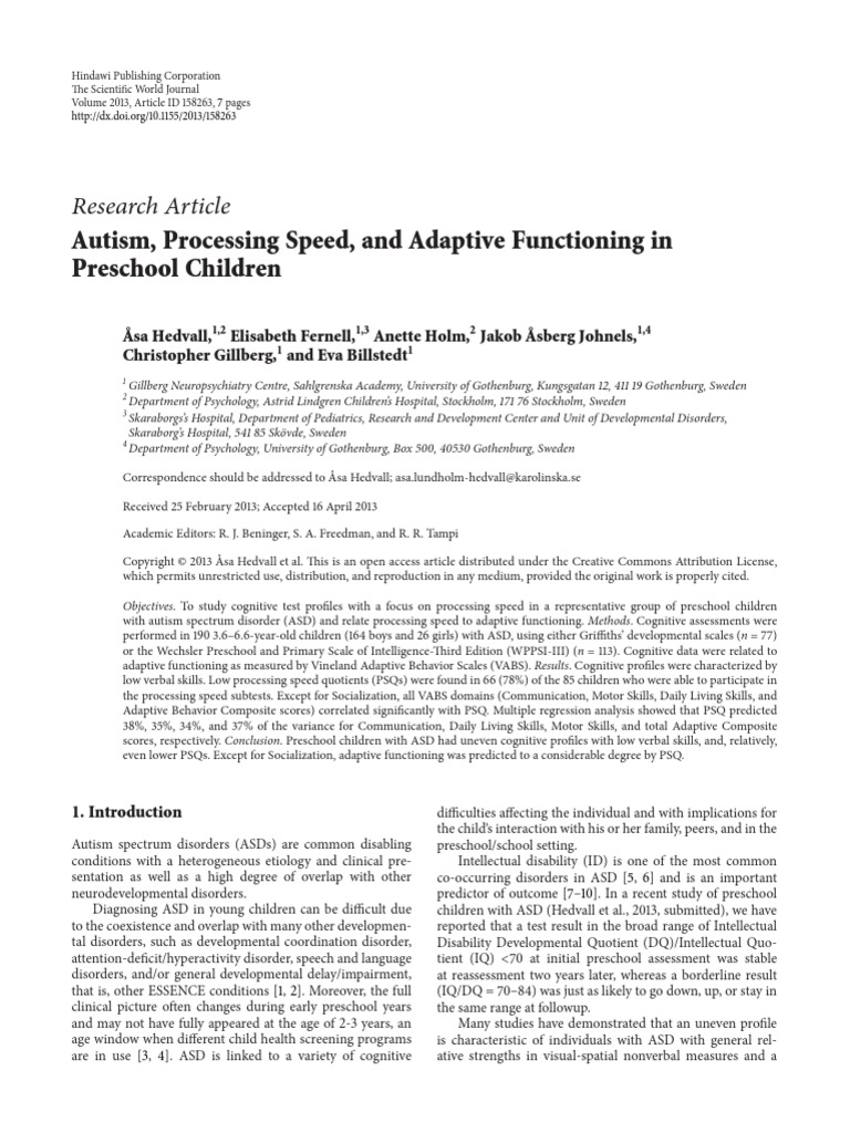 Autism Processing Speed and Adaptive Functioning i | PDF | Wechsler ...