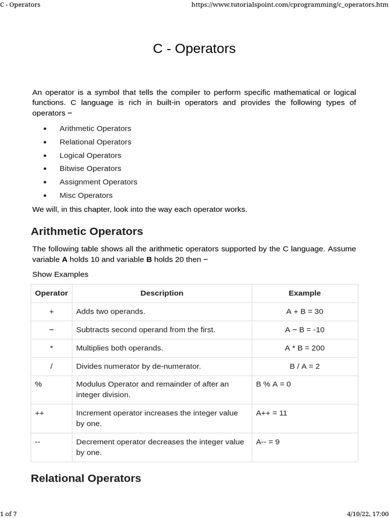 C Operators Pdf Arithmetic Software Development