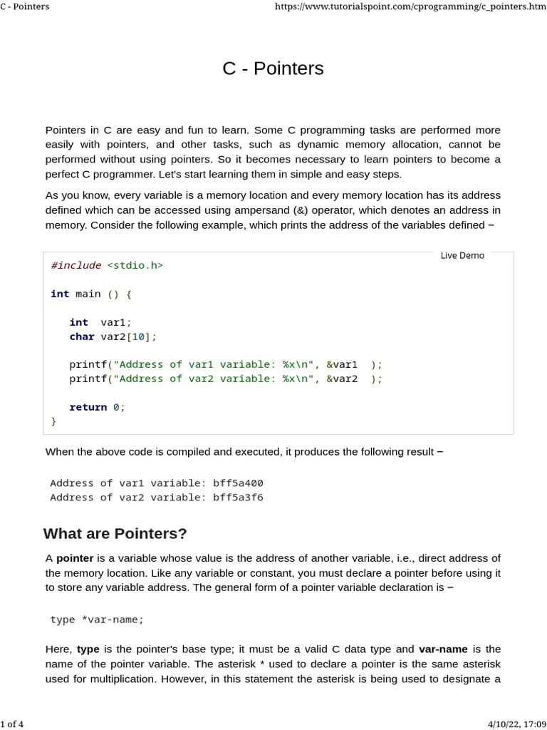 C Pointers Pdf Pointer Computer Programming Variable Computer Science 6079