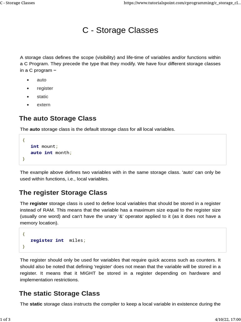 C Storage Classes Pdf Class Computer Programming Scope Computer Science