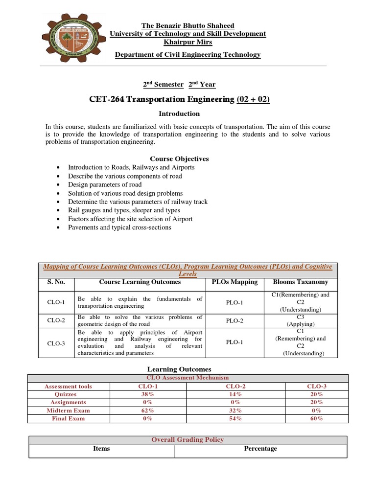 Course Outline Transportation Engineering | PDF | Road | Engineering