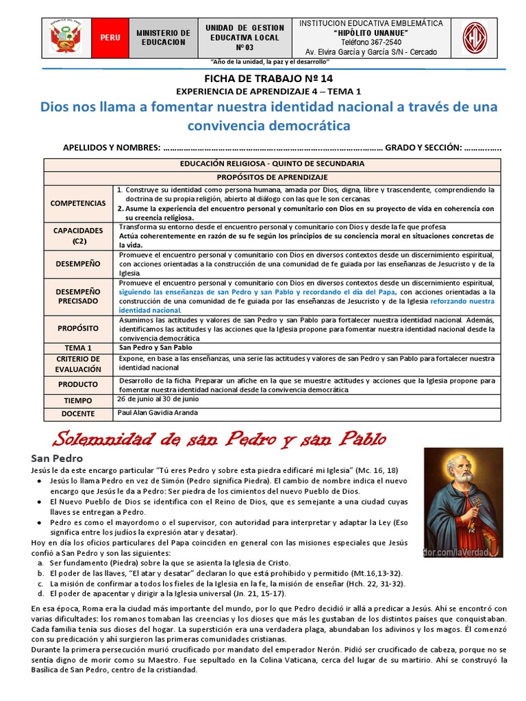 Ficha #14.5to - EdA 4.tema 1.HU.2023 (San Pedro y San Pablo) | PDF | Papa | Pablo el apóstol