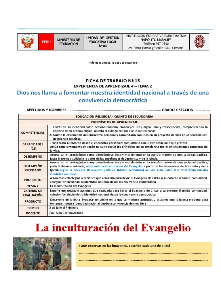 Ficha #15.5to - EdA 4.tema 2.HU.2023 (La Inculturación Del Evangelio) | PDF | Cristo (título ...