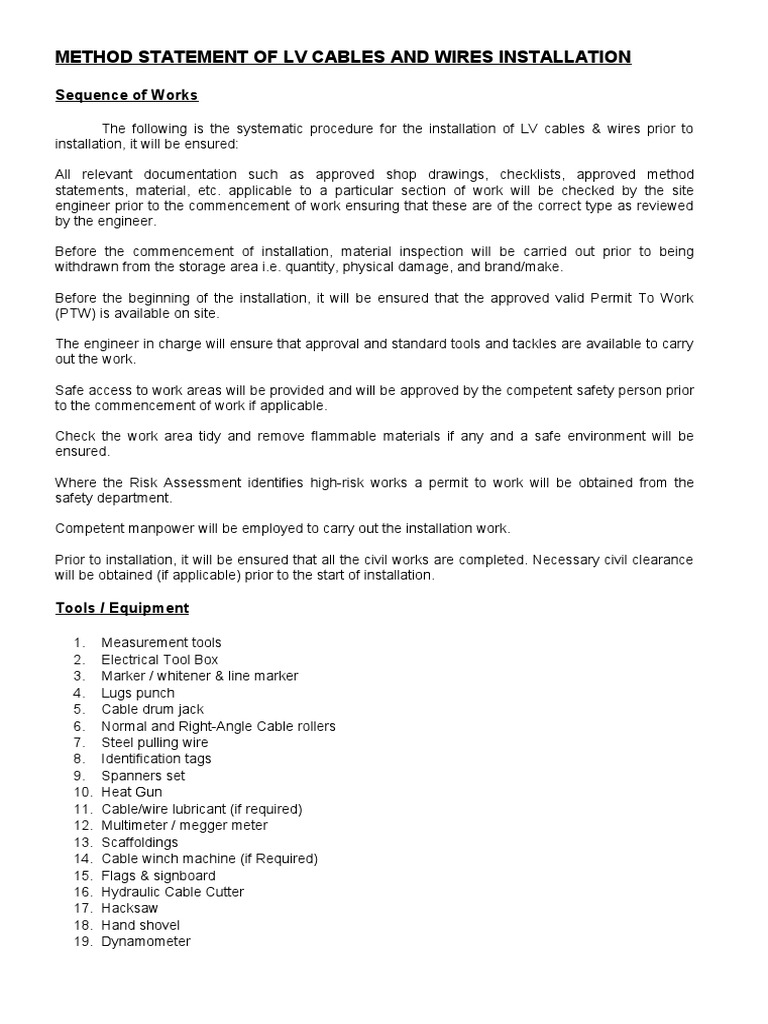 Method Statement For LV Cables & Wires Installation | PDF | Electrical ...