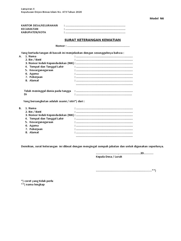 Model n6 (Formulir Surat Keterangan Kematian) | PDF