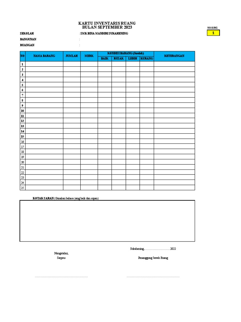 Kartu Inventaris Ruangan Kelas | PDF
