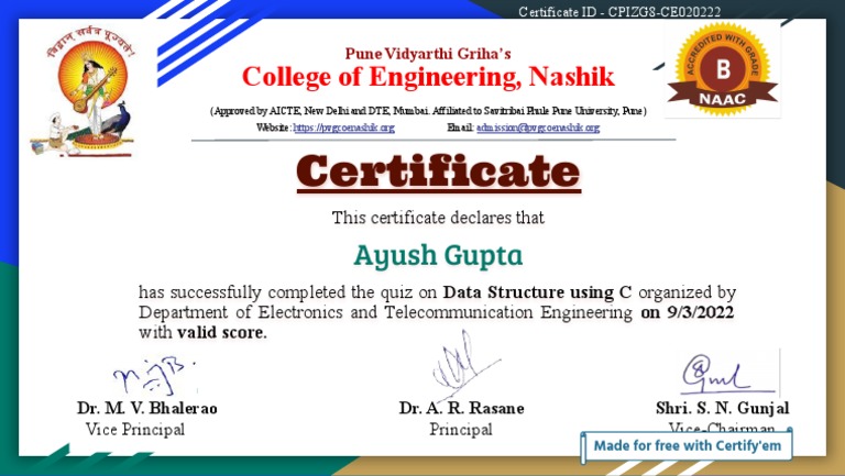Certificate For Ayush Gupta For - Online Quiz On - Data Struct... | PDF