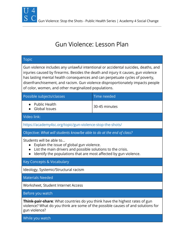Gun Violence: Lesson Plan: Topic | PDF | Violence | Gun Violence In The ...