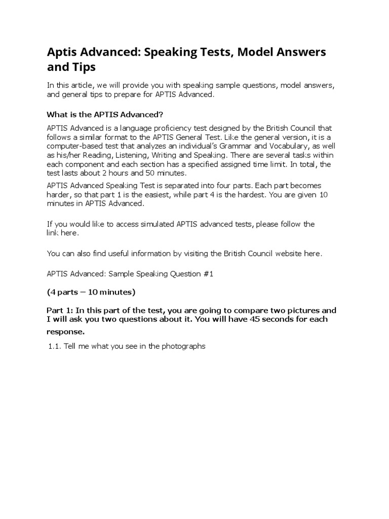 Aptis Advanced Speaking Test Guide | PDF | English Language | Question