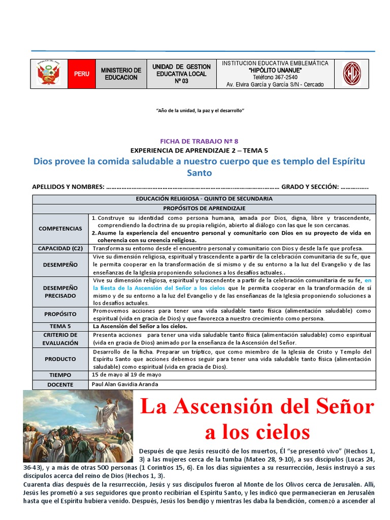 Ficha 8 5to Eda 2 Tema 5 Hu 2023 La Ascensión Del Señor A Los