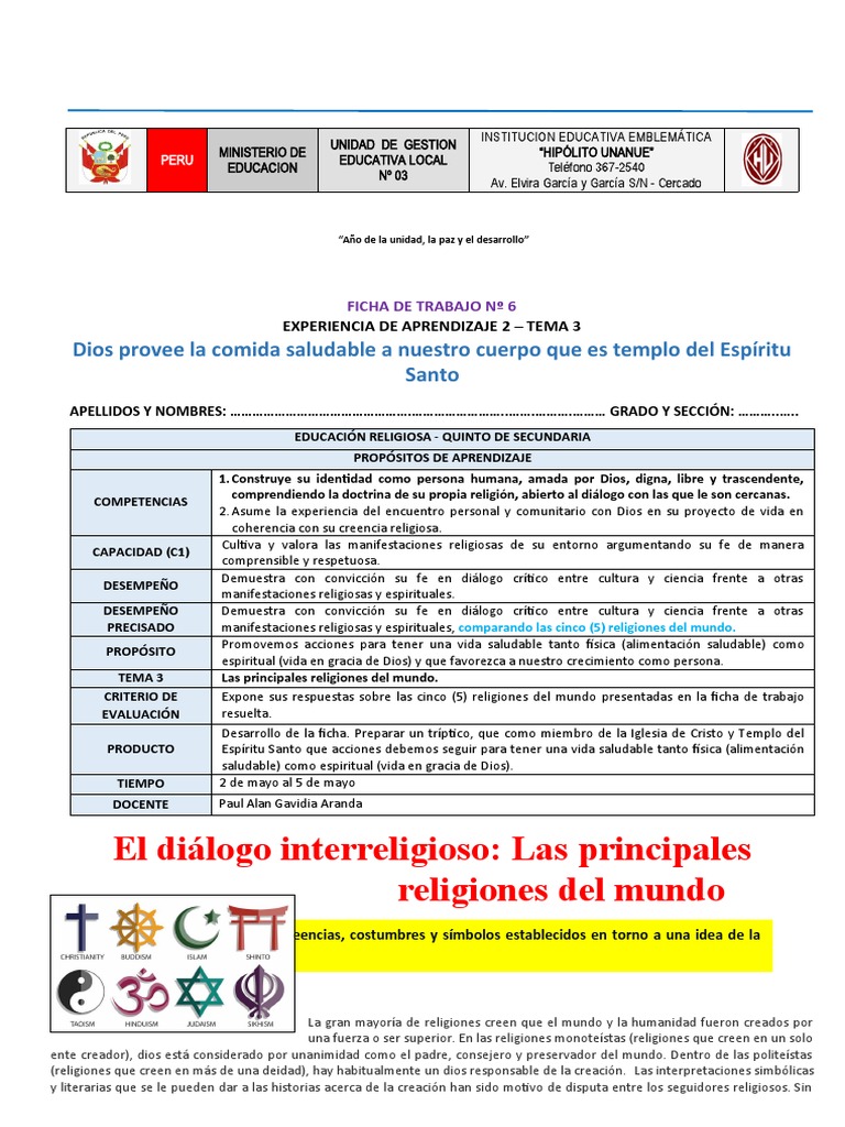 Ficha #6.5to - Eda 2.tema 3.HU.2023 (Las Principales Religiones Del Mundo) | PDF | Dios ...