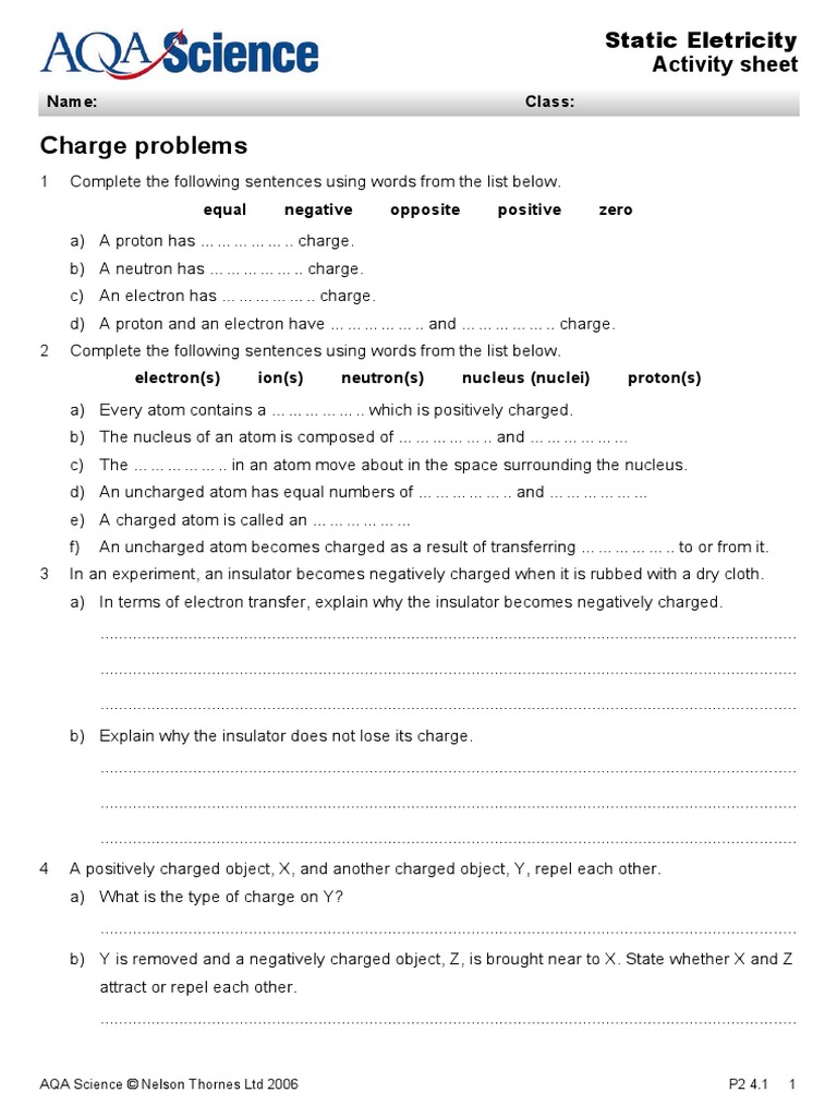 Static Electricity Worksheet | PDF | Electric Charge | Atoms