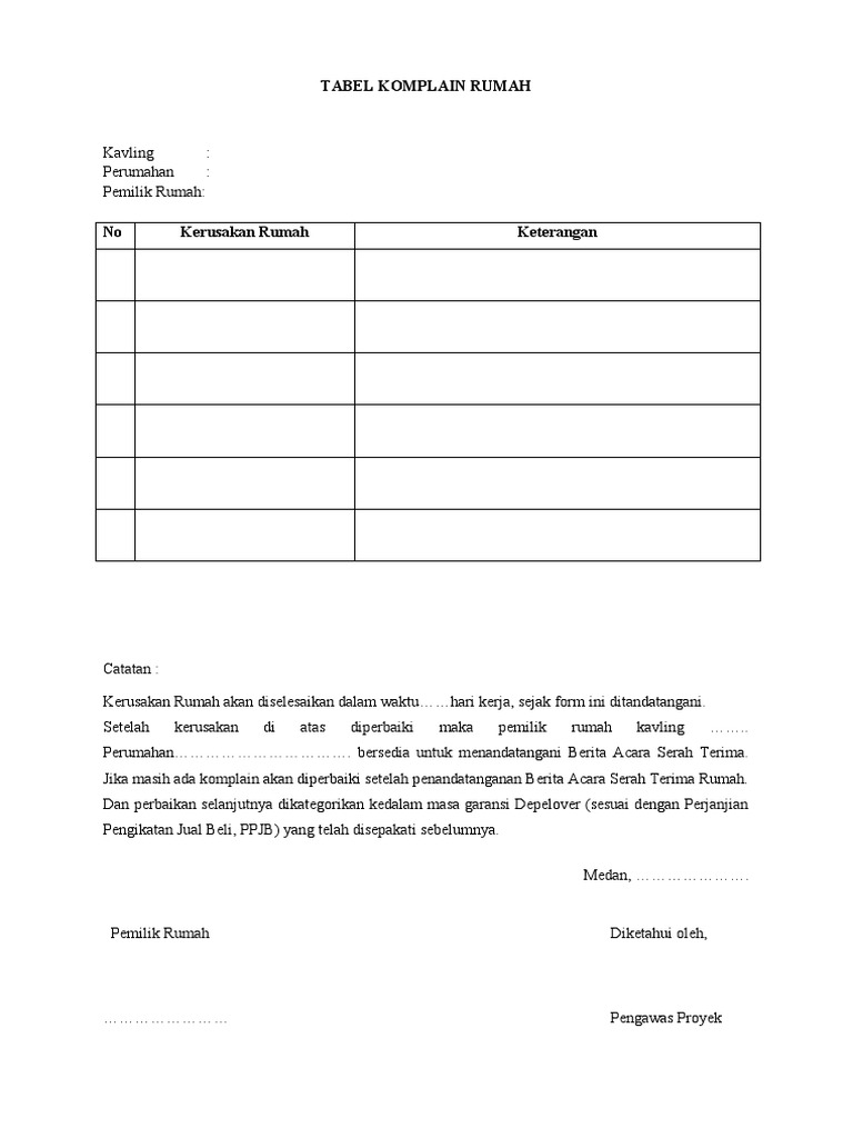 Tabel Komplain Rumah | PDF | Hukum | Griya & Taman