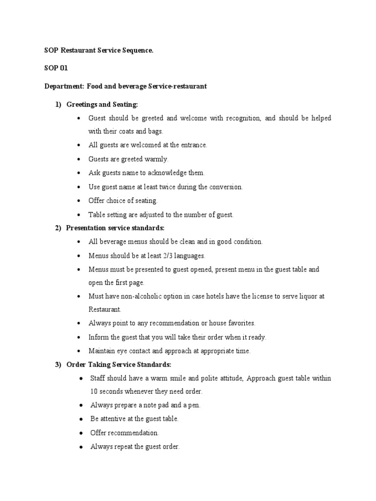 SOP Restaurant Service Sequence | PDF | Menu | Restaurants