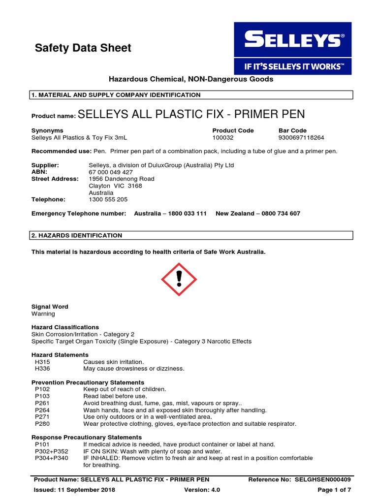 SELLEYS Primer Pen Safety Data Sheet | PDF | Toxicity | Personal ...