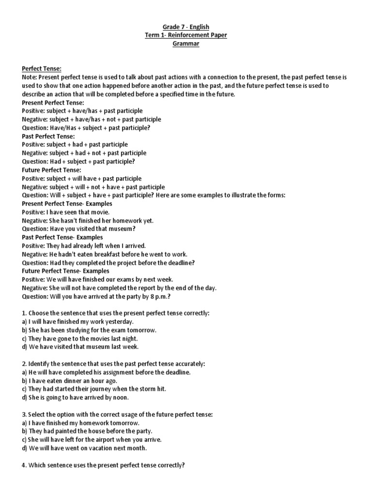 Grade 7 - Term1 - Revision-Grammar Reinforcement | PDF | Perfect ...