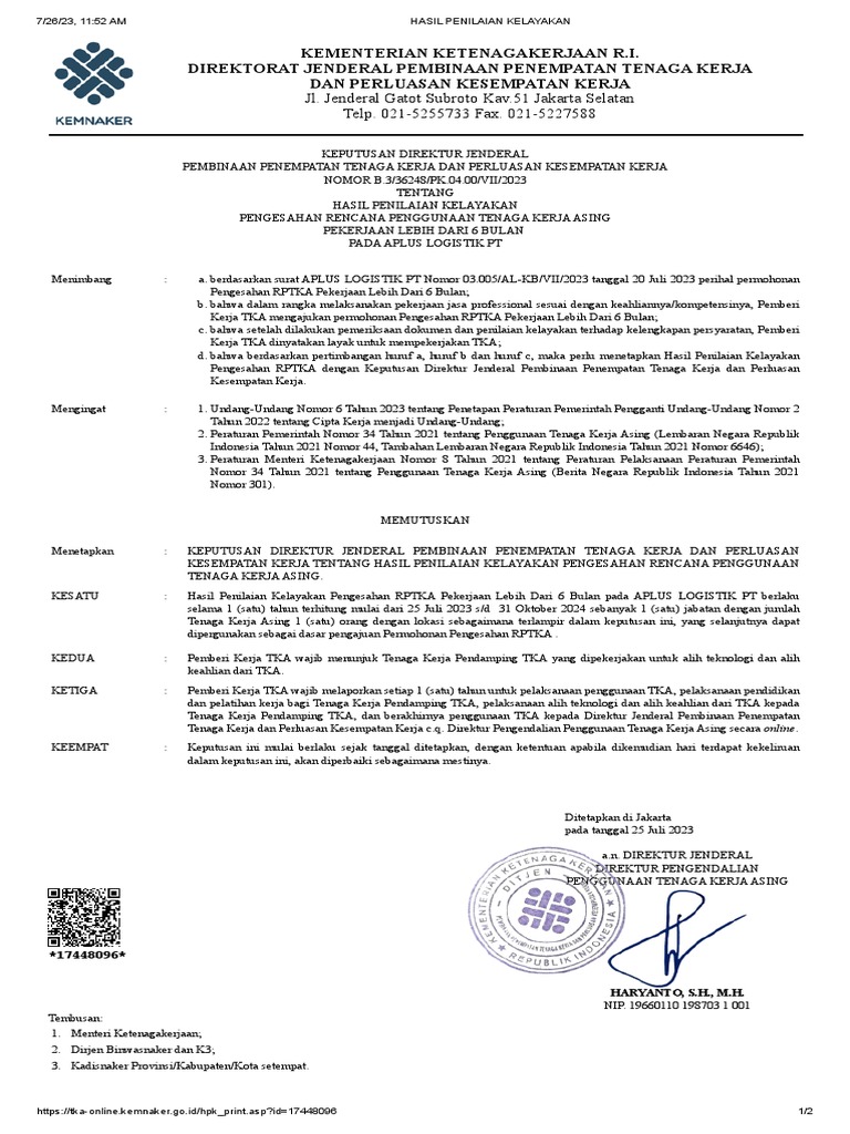 Hasil Penilaian Kelayakan TKA Aplus Logistik | PDF