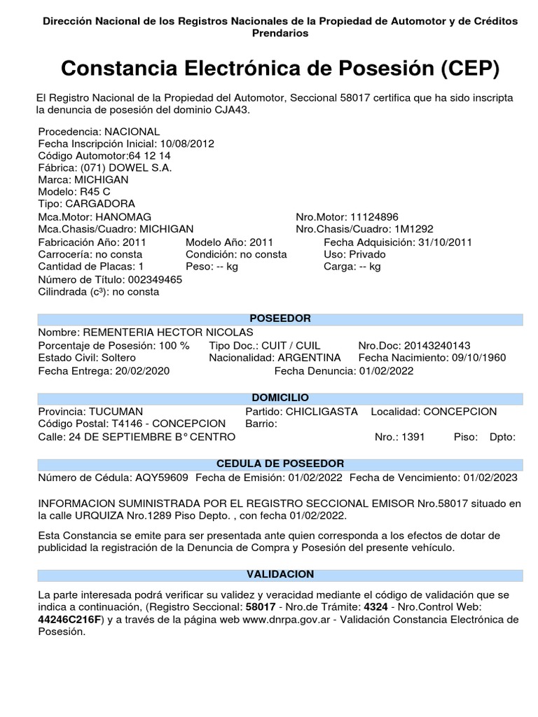 Constancia Electrónica de Posesión (CEP) | PDF