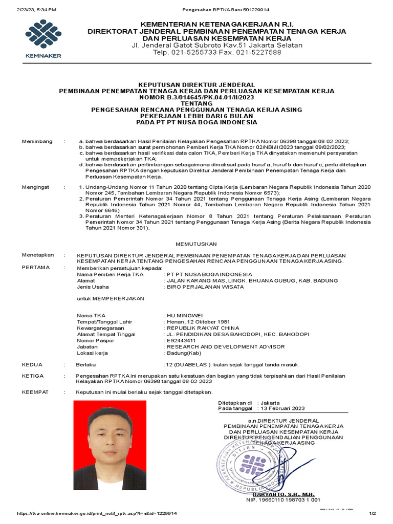 Pengesahan RPTKA Baru 501229914 HU MINGWEI | PDF