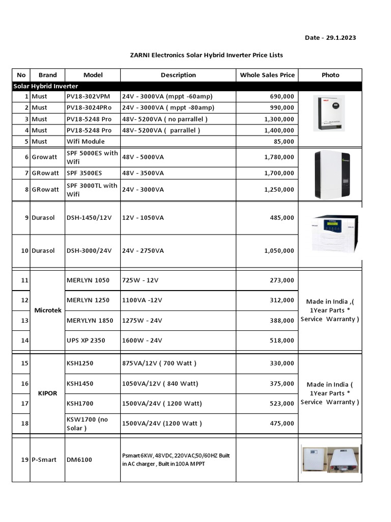 Solar Hybrid Inverter Price Lists 29.1.2023 | PDF | Power Inverter ...