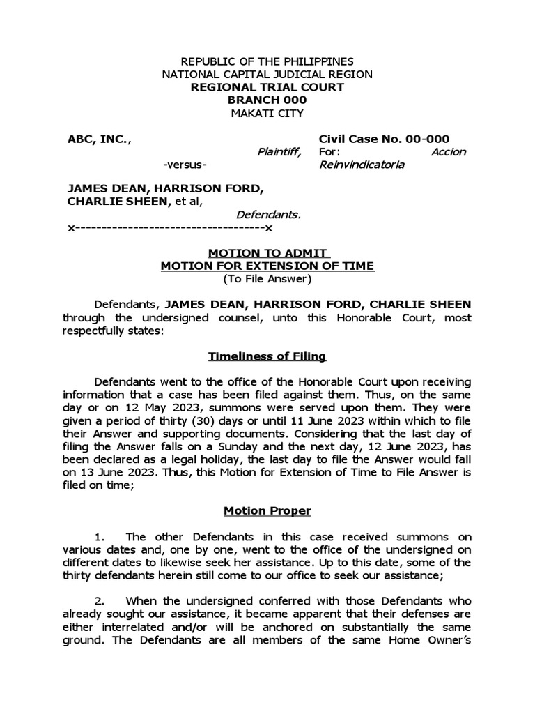 Motion For Extension of Time To File Answer Attyd - Template | PDF | Lawsuit | Common Law