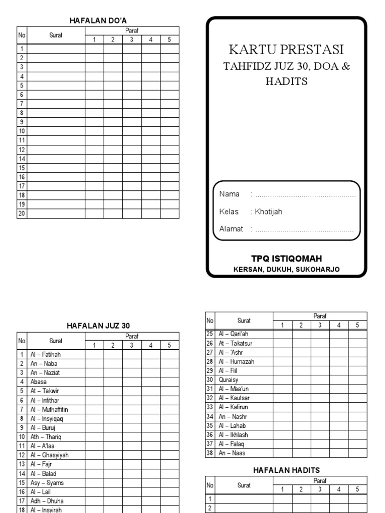 Kartu Prestasi Tahfidz, Doa Dan Hadits Tpq Istiqomah Kersan | PDF