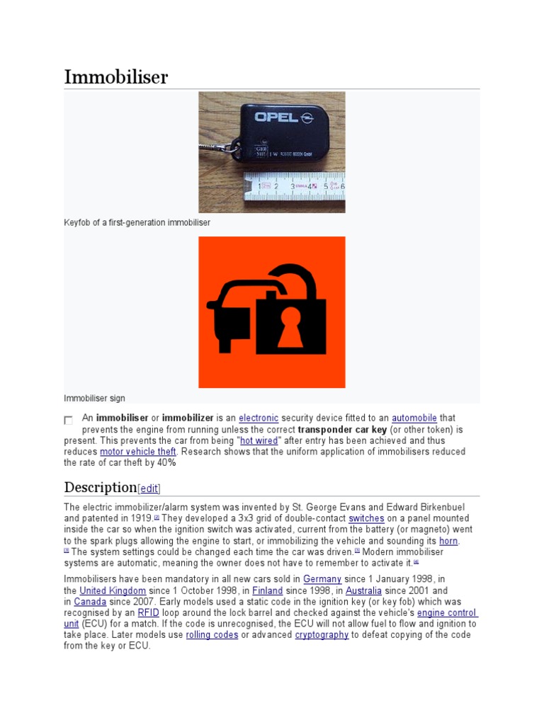 Immobiliser | PDF | Vehicle Technology | Motor Vehicle