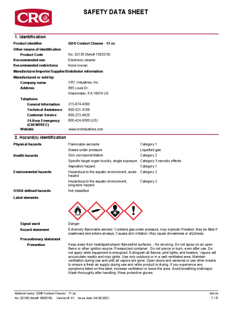 MSDS Contak Cleaner CRC | PDF | Firefighting | Personal Protective ...