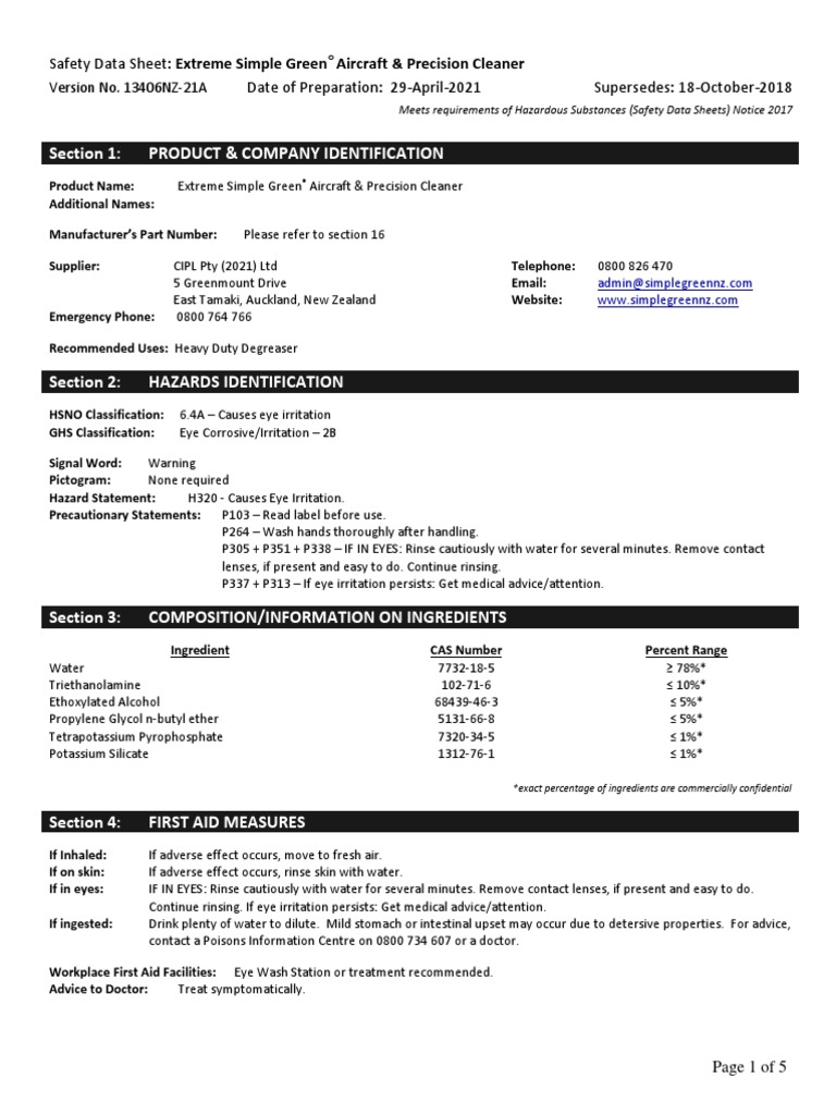SDS EN-NZ SimpleGreenExtremeAircraftPrecisionCleaner | PDF ...
