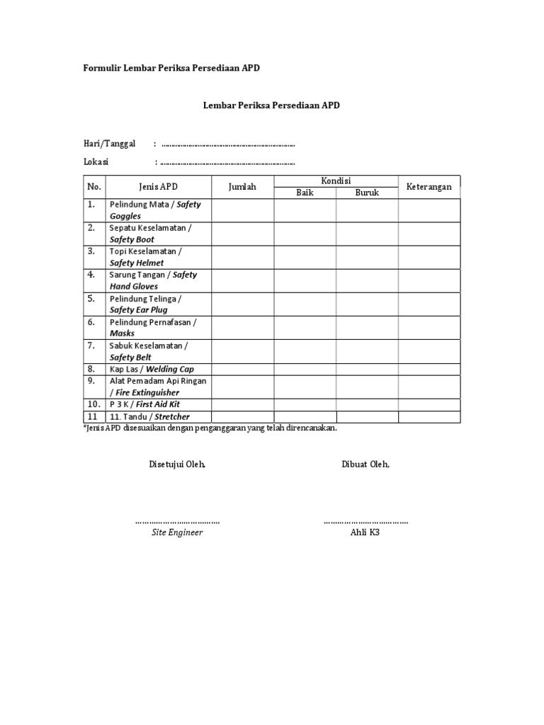 Formulir Lembar Periksa Persediaan APD | PDF