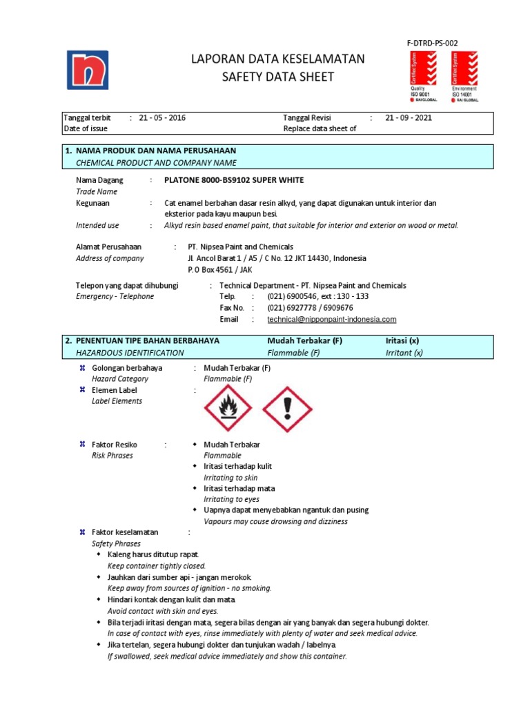 MSDS Platone 8000-BS9102 Super White | PDF