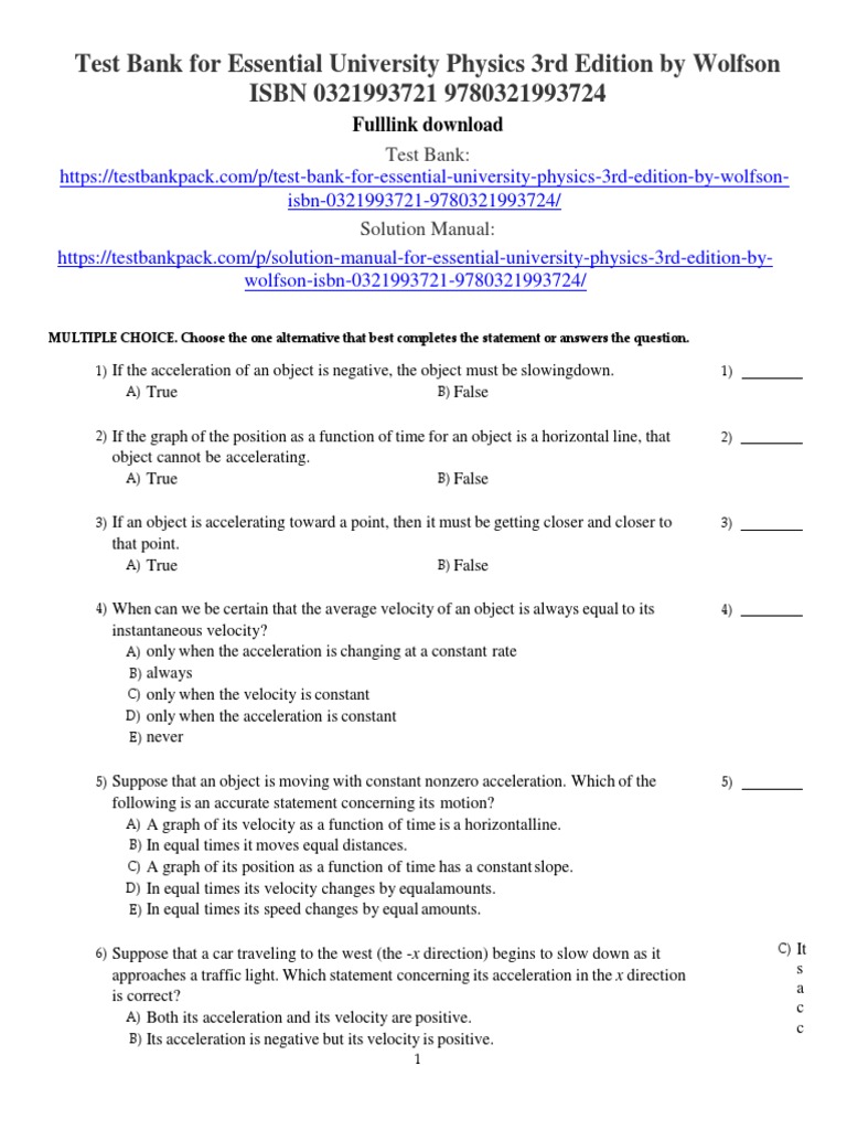 Essential University Physics 3rd Edition by Wolfson ISBN Test Bank ...