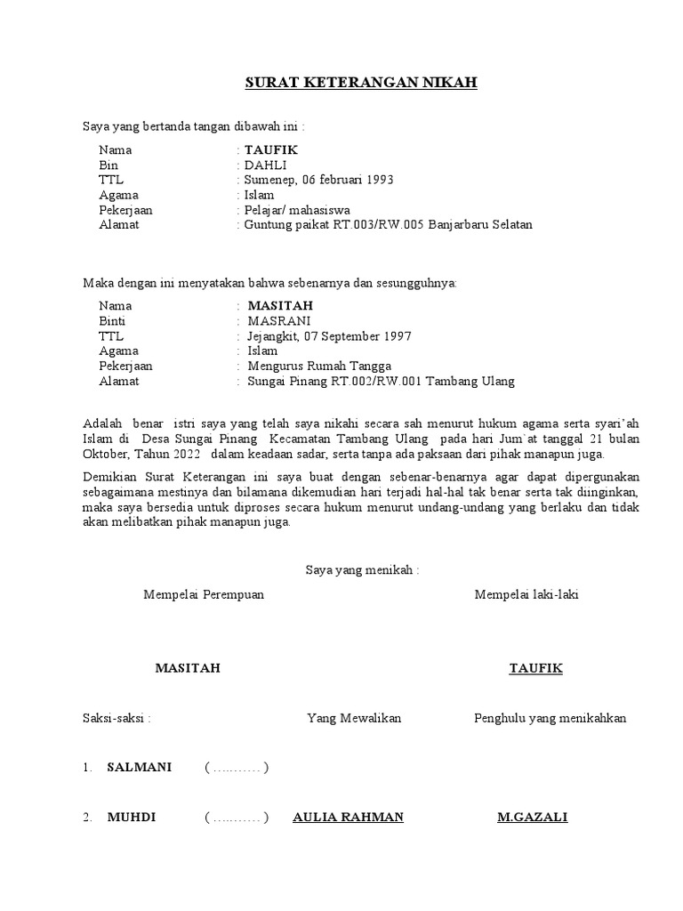Surat Keterangan Nikah Resmi 2022 | PDF
