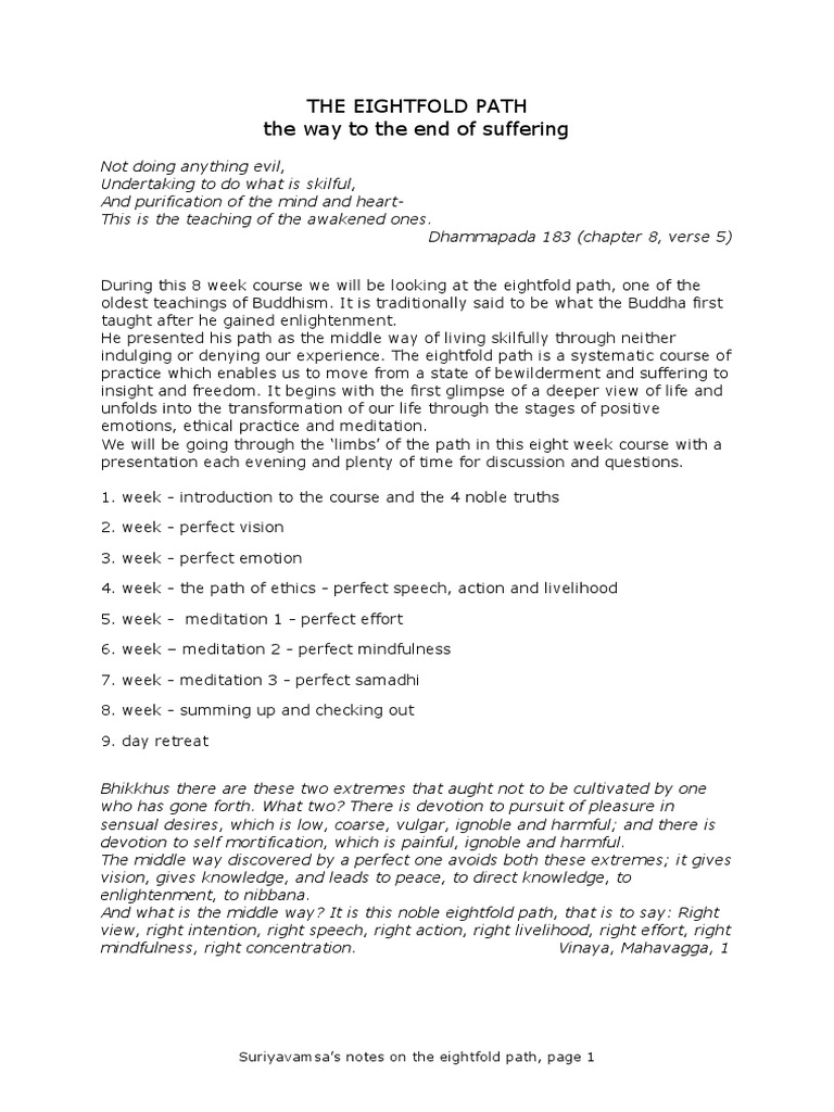 The Noble Eightfold Path - An Eight-Week Course Suriyavamsa | PDF ...