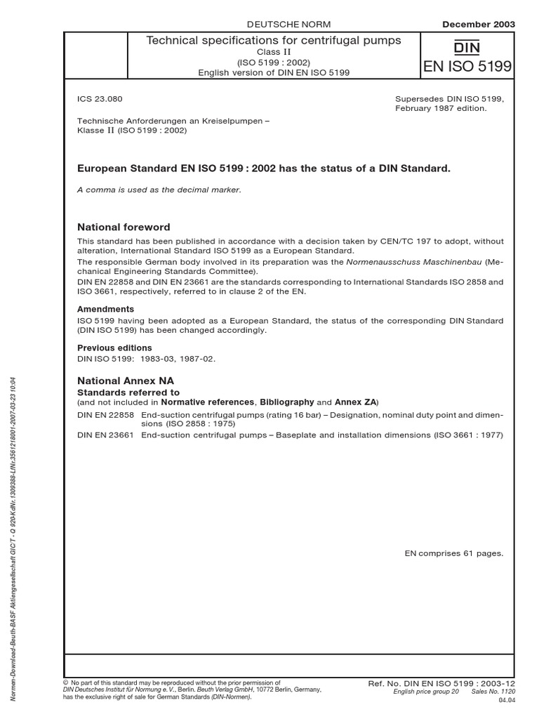 (ISO 5199) Technical Specification For Centrifugal Pumps (2002) | PDF | International ...