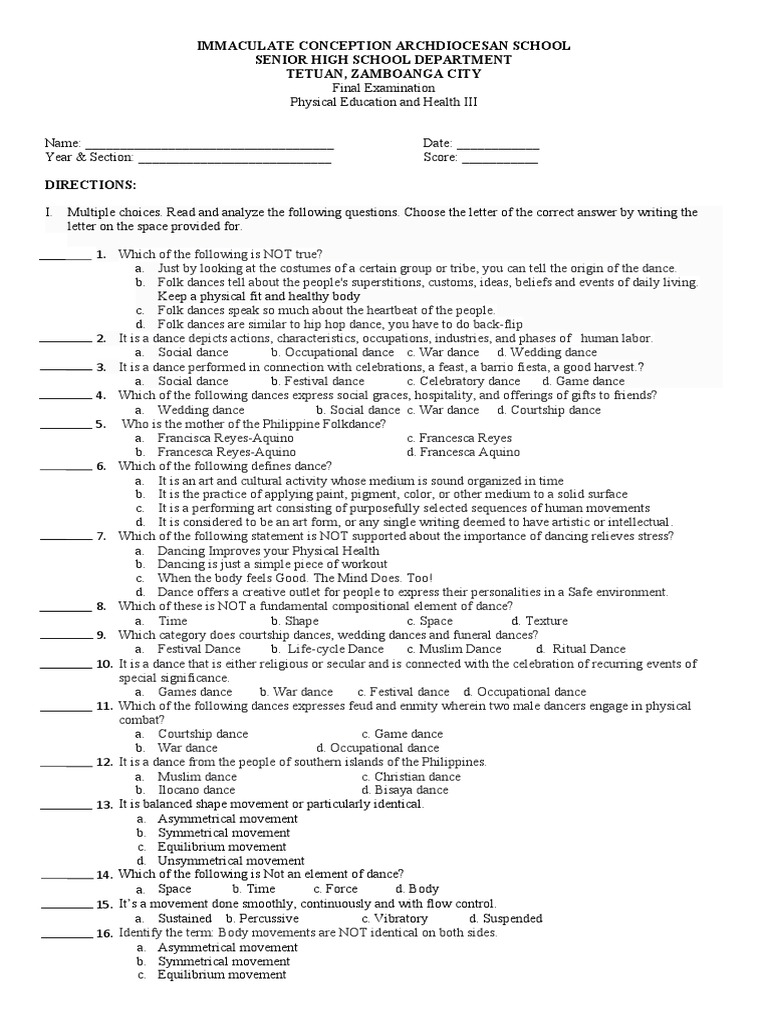 Final Exam Grade 12 PEH | PDF | Dances