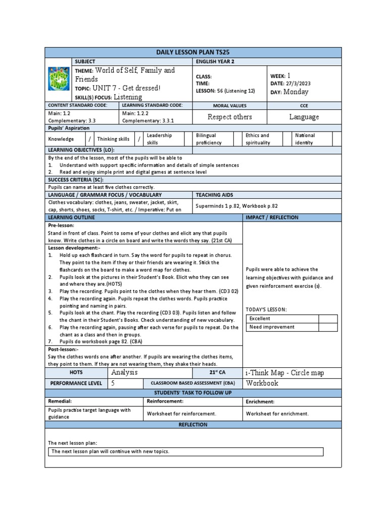 World of Self, Family and Friends UNIT 7 - Get Dressed! Listening 1 ...