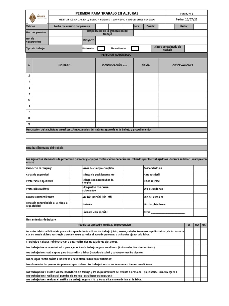 Formato Permiso de Trabajo en Alturas | PDF