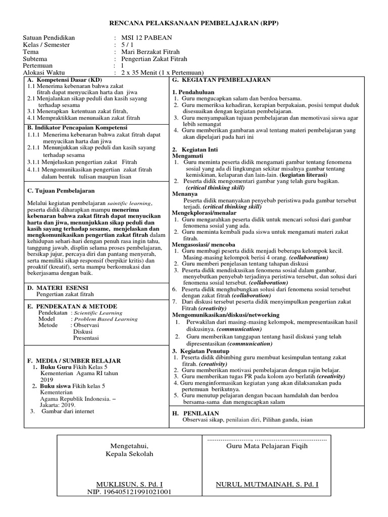RPP Fikih Kelas 5 Semester 1 | PDF