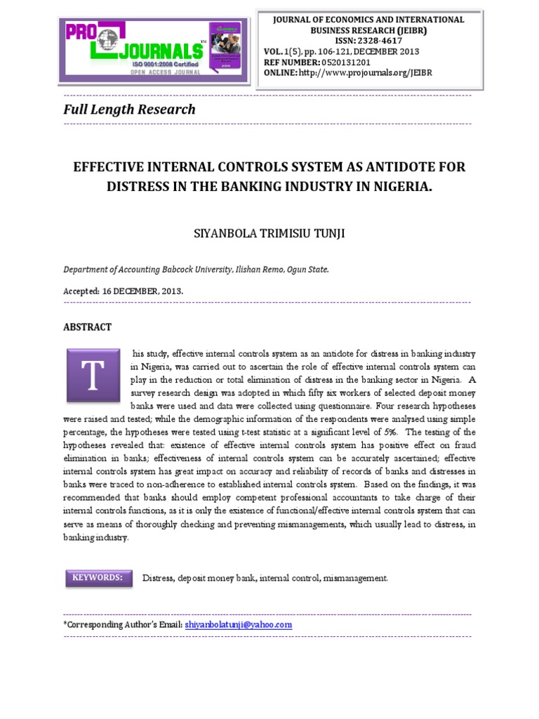 Effective Internal Controls System As Antidote For Distress in The Banking Industry in Nigeria ...