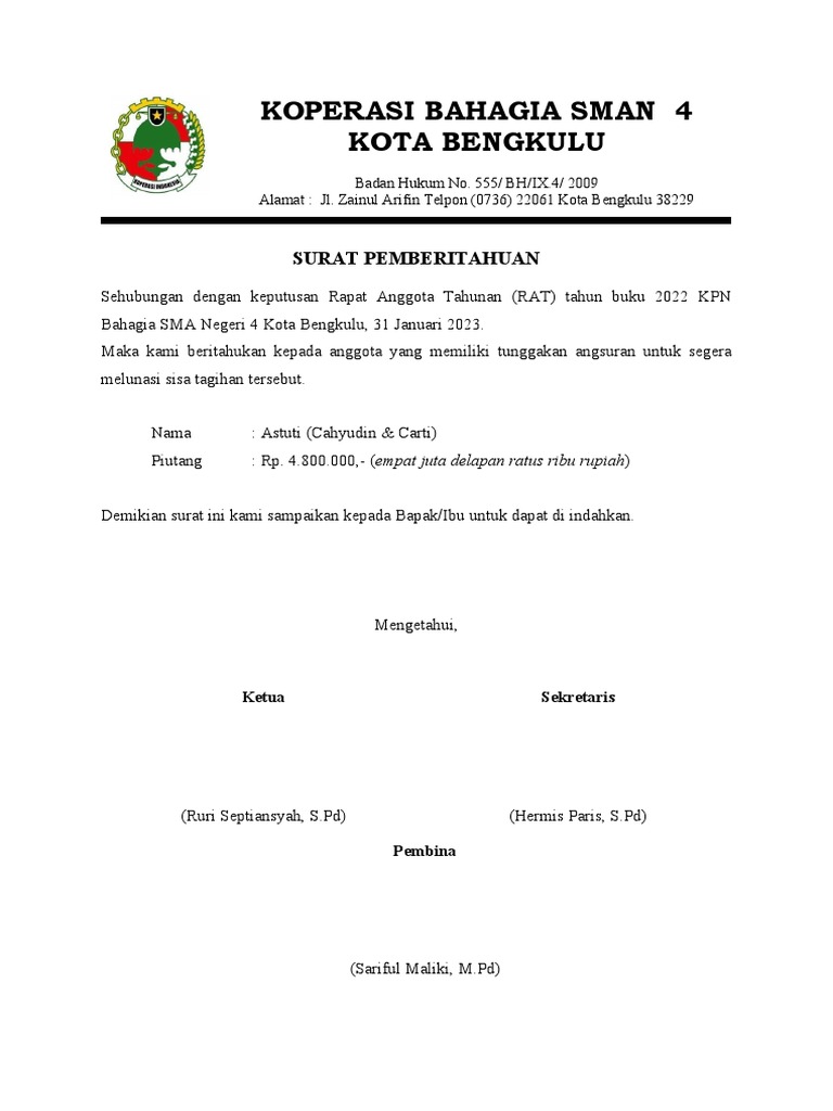 Surat Tagihan Angsuran Koperasi | PDF