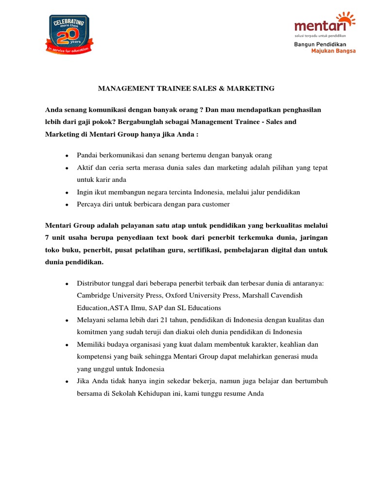 Management Trainee - Sales Marketing | PDF | Karier & Perkembangan