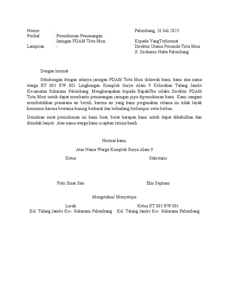 Permohonan Pengajuan Pemasangan PDAM TIrta Musi | PDF