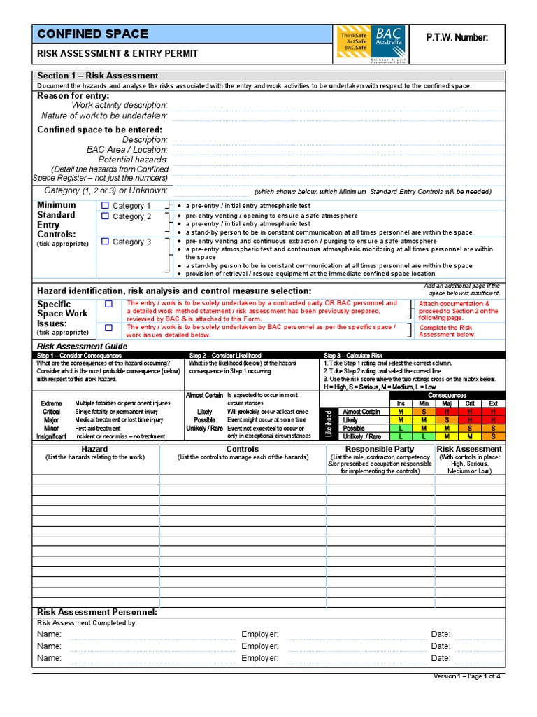 Confined Space Risk Assessment & Entry Permit (1) - 1 | PDF | Risk ...