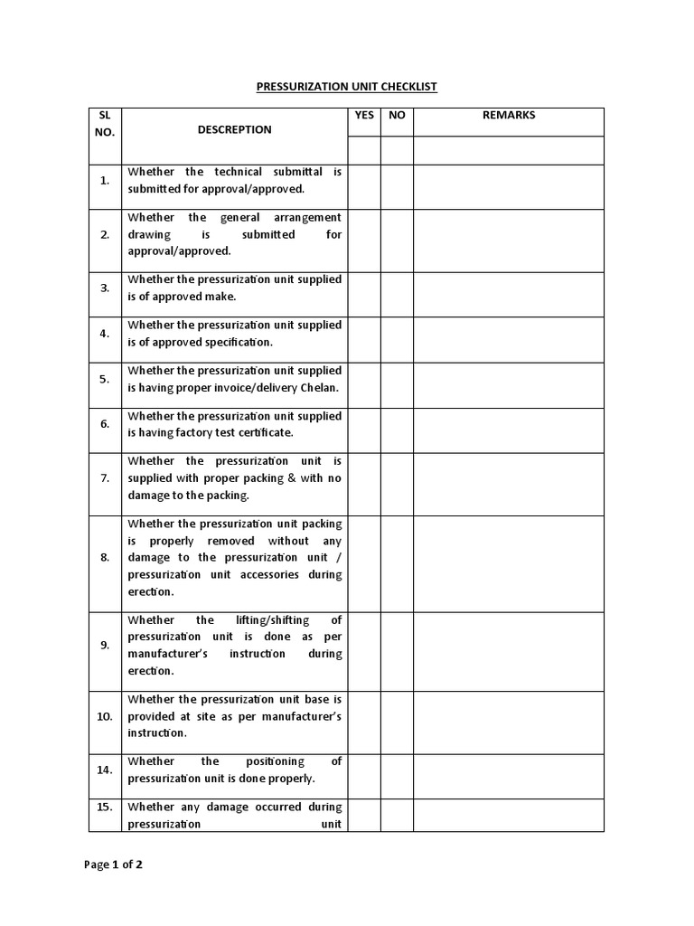Pressurization Unit Checklist | PDF | Technology & Engineering