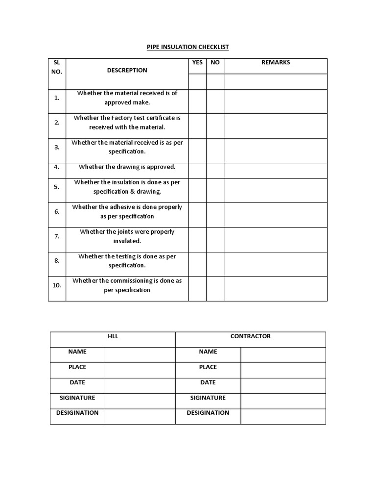 Pipe Insulation Checklist | PDF