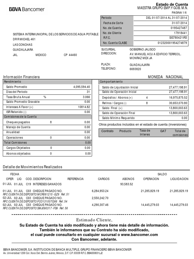 Bbva Bancomer 0195427487 Estado de Cuenta Julio 2014 | PDF | Bancos | Cuenta de depósito