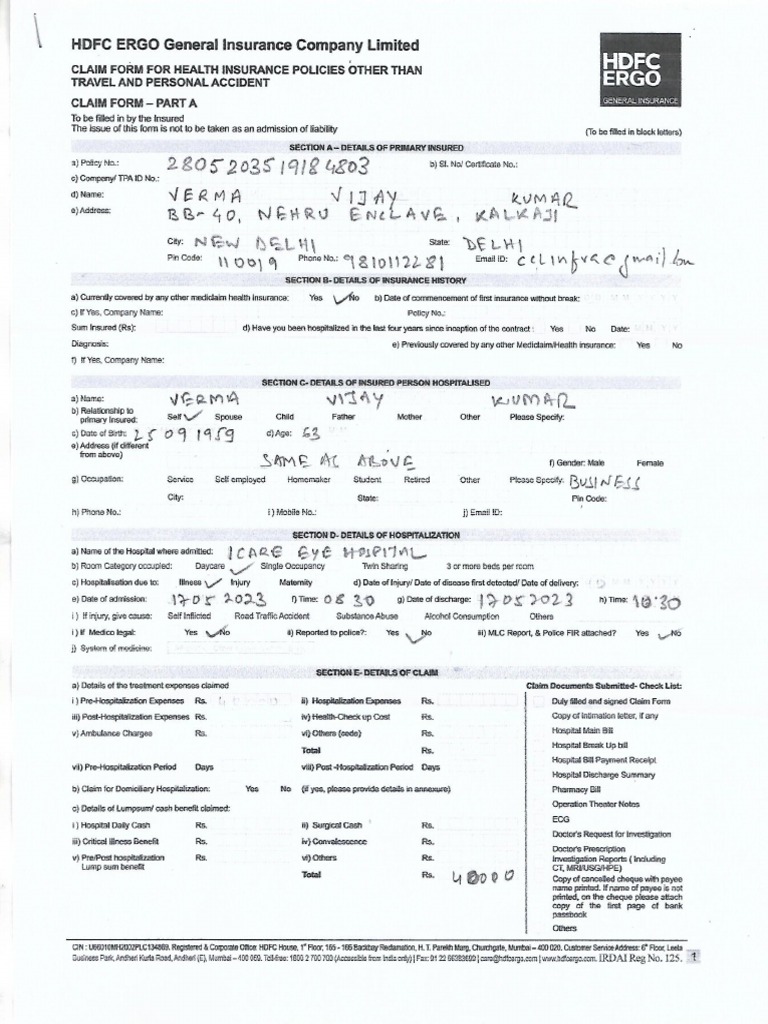Hdfc Claim Form | PDF
