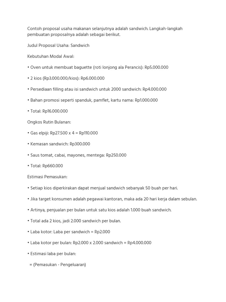 Perhitungan Biaya Modal Usaha Sandwitch | PDF