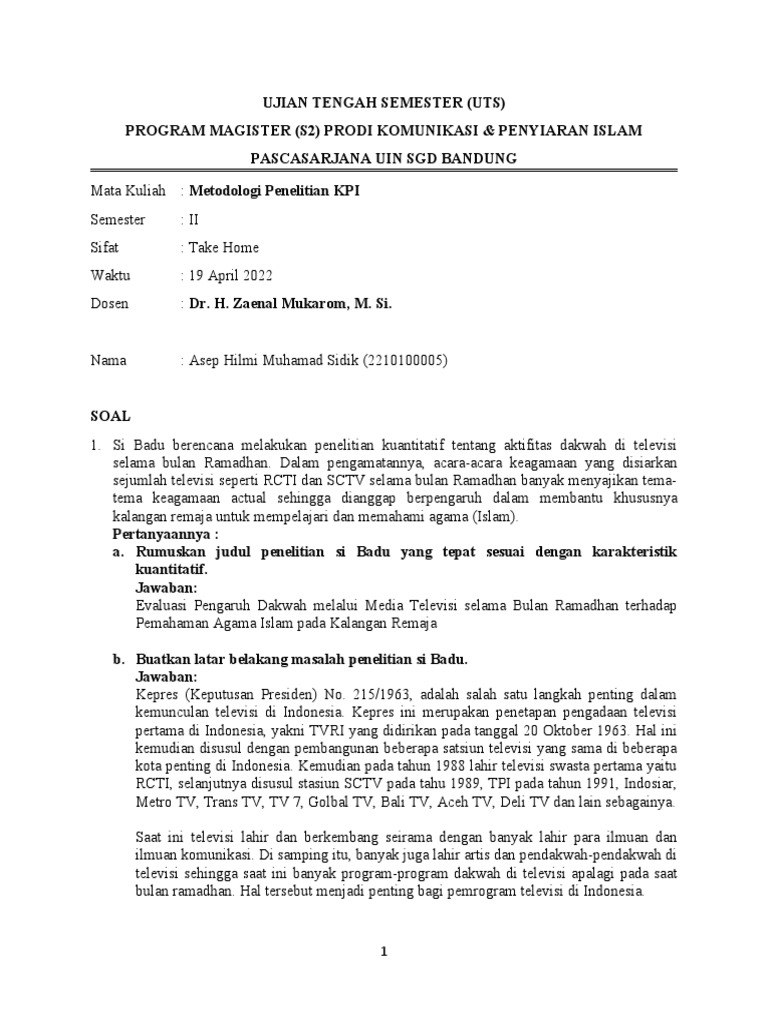UTS Metodologi Penelitian KPI - Asep Hilmi Muhamad Sidik | PDF